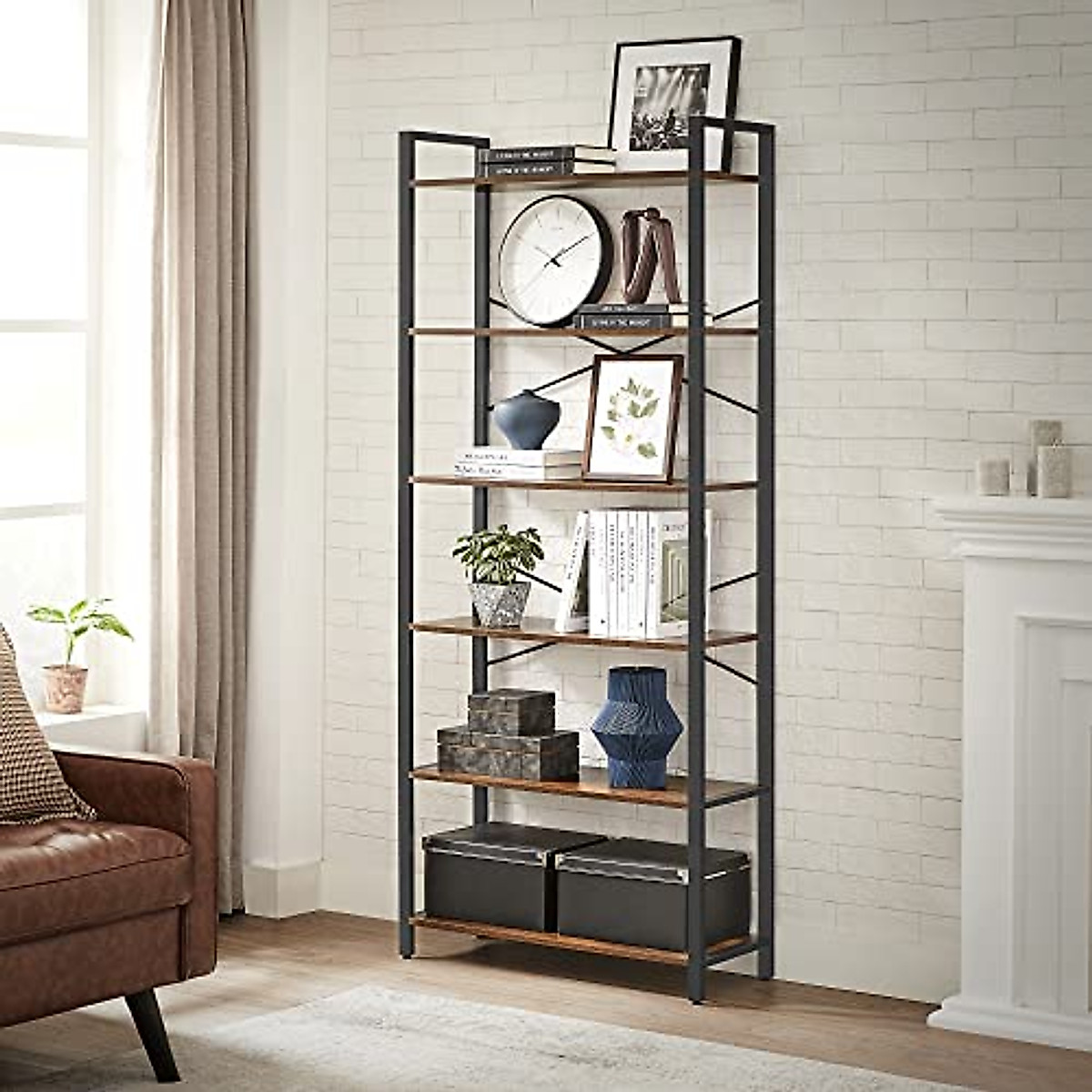 VASAGLE 6-Tier Tall Bookshelf, Large Bookcase with Steel Frame, Deep Book Shelf for Living Room, Home Office, Study, 11.8 x 31.5 x 73.2 Inches, Industrial Style, Rustic Brown and Black ULLS082B01