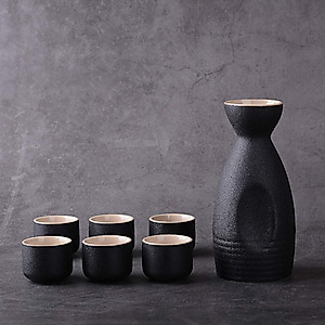 NEWQZ Japanese Sake Set, Traditional Ceramics Black Sake Serving Sets 7 Pcs include 1 Pot and 6 Cups