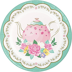 Floral Themed Tea Party Supplies: Bundle Includes Paper Dessert Plates & Napkins for 16 Guests Plus a Tablecover, Centerpiece, Hanging Coutouts, and Happy Birthday Banner