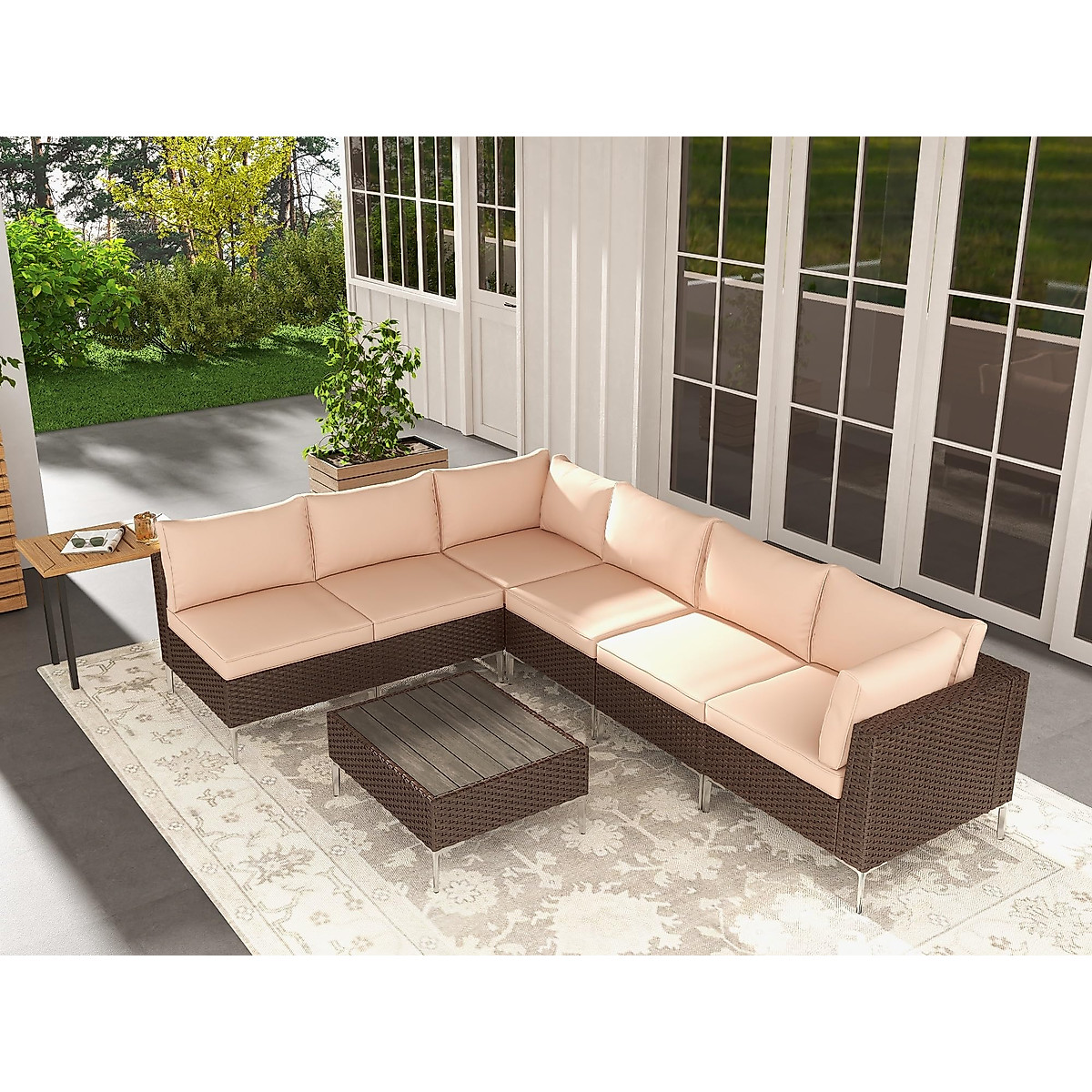 HOMREST Outdoor Patio Furniture Set,7 Pieces Outdoor Sectional Sofa PE Rattan Wicker Patio Conversation Set, w/Wood Plastic Composites Table for Garden, Lawn and Pool (Red)