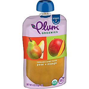 Plum Organics Stage 2 Organic Baby Food - Pear and Mango - 4 oz Pouch (Pack of 12) - Organic Fruit and Vegetable Baby Food Pouch
