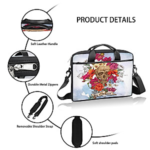 Sugar Skull Floral Laptop Computer Bag Waterproof Shoulder Messenger Bag 13-15 inch Durable Laptop Tote Bag with Shoulder Strap Handle Lightweight Crossbody Briefcase