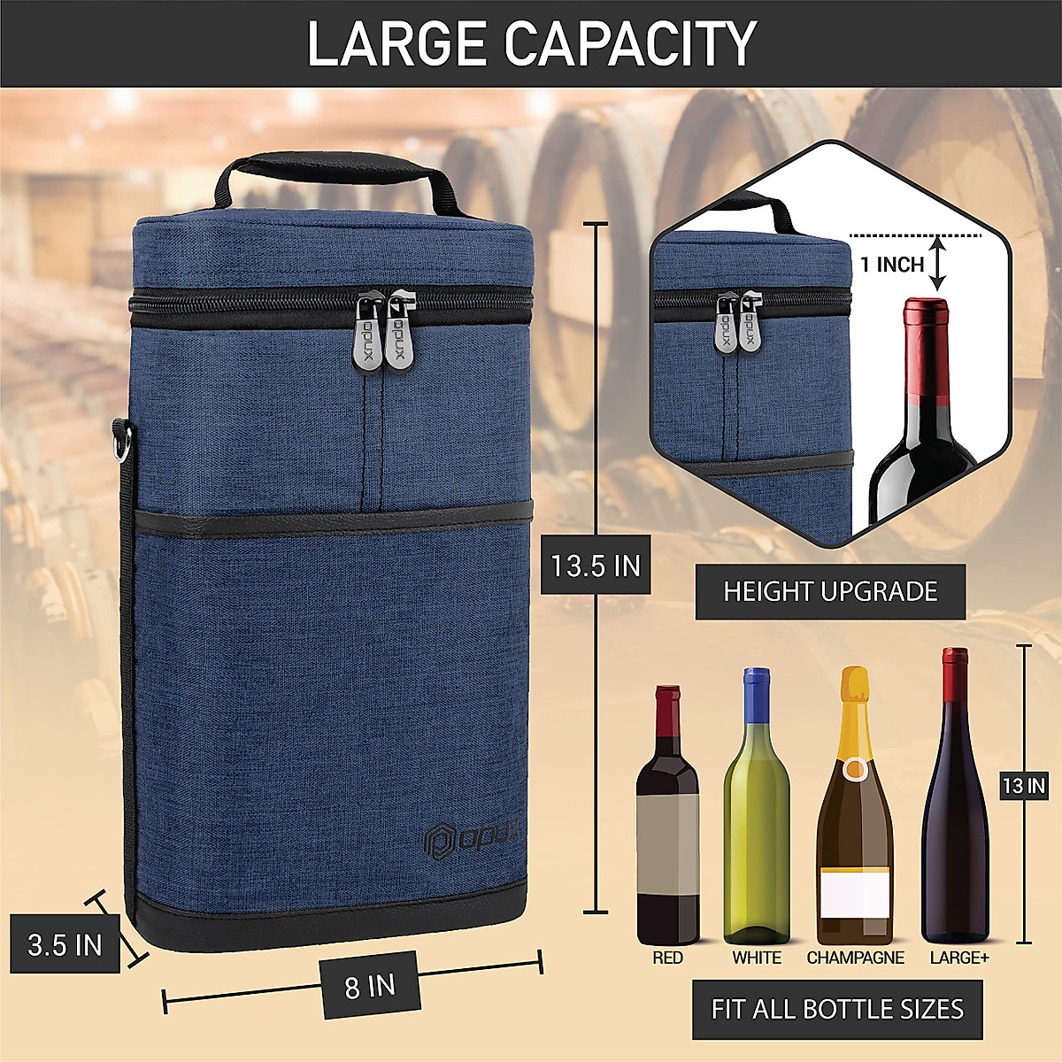 OPUX 2 Bottle Wine Carrier Tote, Insulated Leakproof Wine Cooler Bag, Wine Travel Bag for Picnic BYOB Beach, Portable Wine Bottle Carrying Case, Gift for Wine Lover Women Men Christmas, Navy
