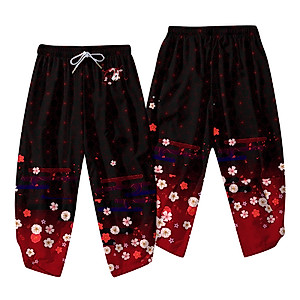 Mens Japanese Kimono Coat Suits Loose Open Front Seven Sleeve Kimono Cardigan Jacket with Shorts Plus Size(Red,Medium)