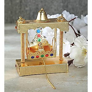Balgopal / Laddu gopal in swing jhula/Krishna Jhula palna for Temple,Pooja Room, Decor Your Home,Office 10 cm (Cast Ironn, Gold)
