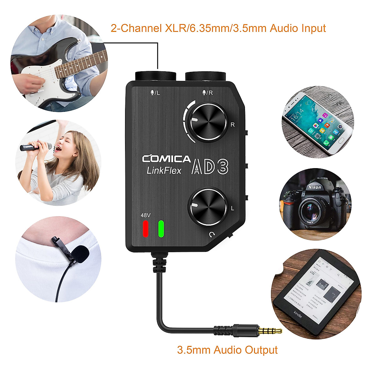 Comica LINKFLEX.AD3 2-Channel XLR/3.5mm/6.35mm Microphone Audio Mixer Preamp with Phantom Power, Guitar Audio Interface Microphone for DSLR Cameras Camcorders iPhone iPad Mac and Android Smartphones