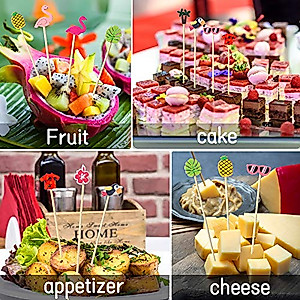 Hawaiian Luau Assorted Picks Tropical Cocktail Bamboo Toothpicks Flamingo Pineapple Beach Toucan Palm Leaf Handmade for Appetizers Food Drinks Luau Hawaii Beach Holiday Party Supplies (100 Pieces)