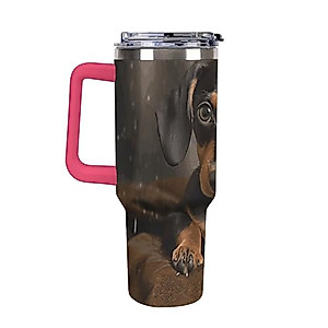 LLUTSNTH 40 Oz Vacuum Tumbler with Light Rose Red Handle Leakproof Insulated Tumbler Cute Dachshund Stainless Steel Travel Mug with Lid And Straw Coffee Cup Cute Water Bottles Cup Holder Friendly