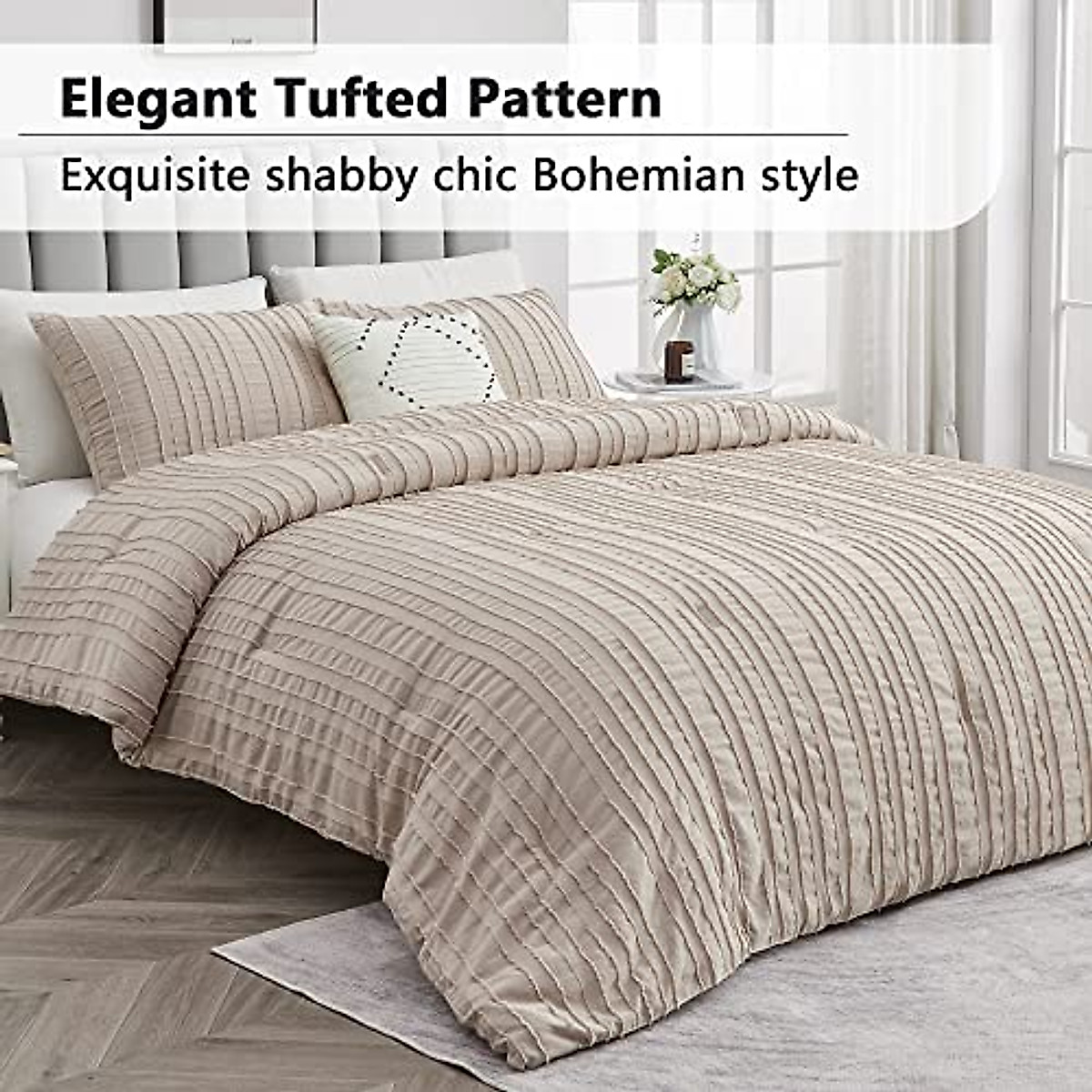 Andency Khaki Comforter Set Queen Size, 3 Pieces Tufted Boho Comforter Set for Queen Bed, Lightweight Fluffy Bedding Set for All Seasons (90x90 Comforter & 2 Pillowcases)