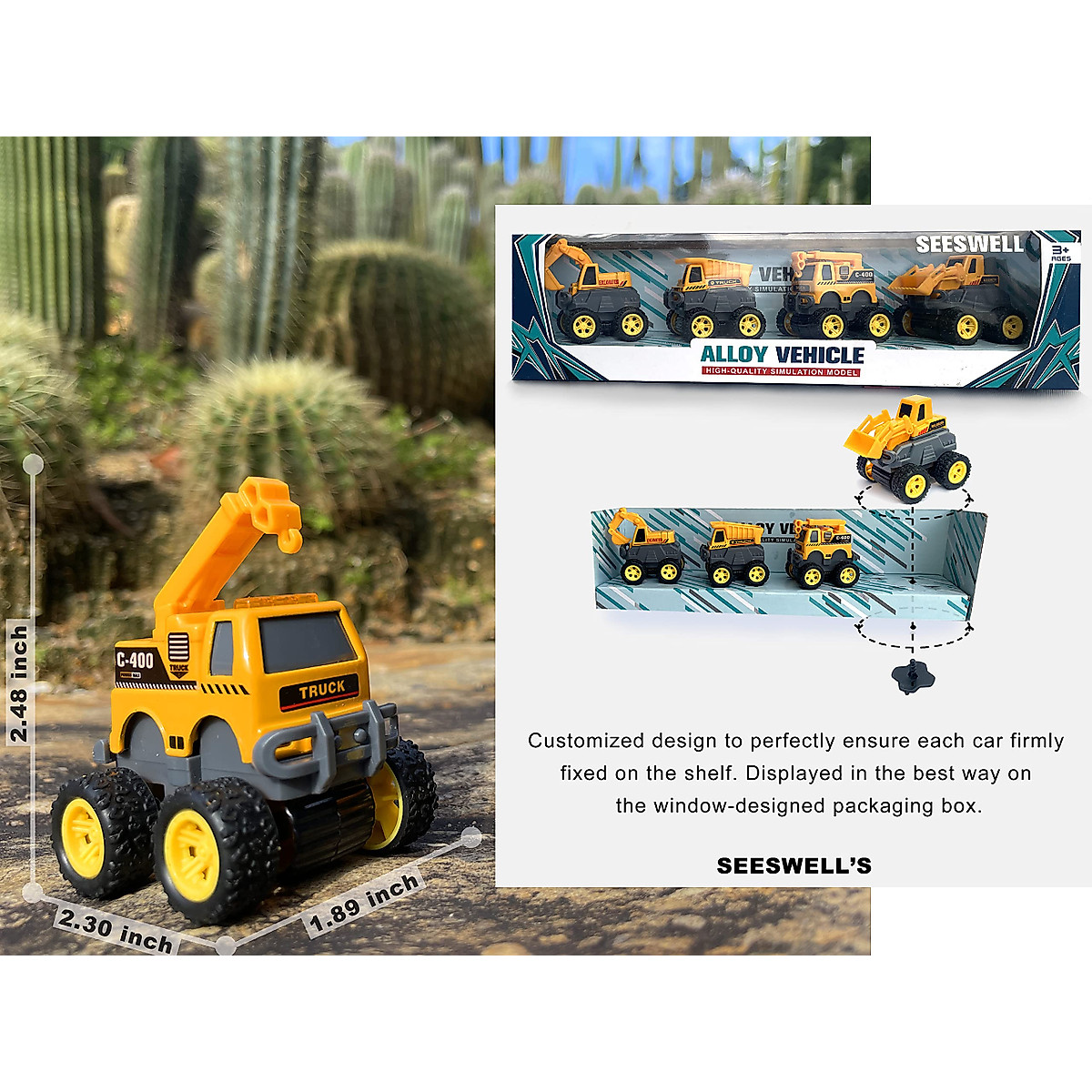 SEESWELL Construction Truck Toys | Monster Truck | Pull Back Friction Powered | Die-cast Alloy Vehicles Playset | 4 Pack | Toys for 3+ Years Old Kids