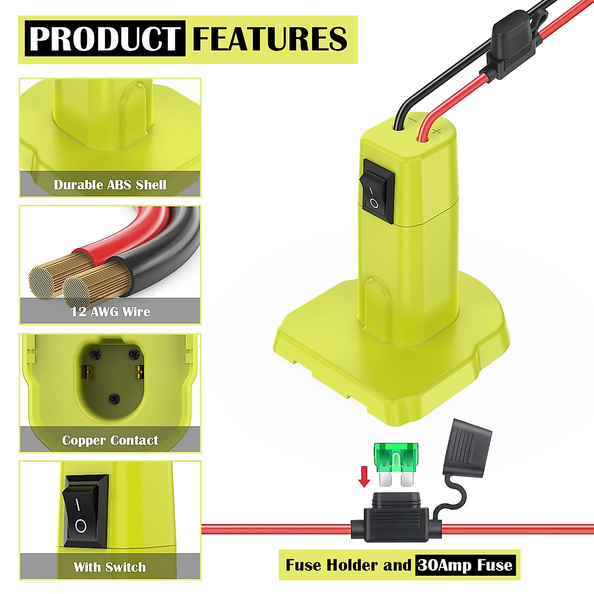 Power Wheels Adapter for Ryobi 18V Battery Adapter Power Wheels Battery Conversion Kit with Switch, Fuses & Wire Terminals, 12AWG Wire, Power Connector for DIY RC Car Toys and Robotics