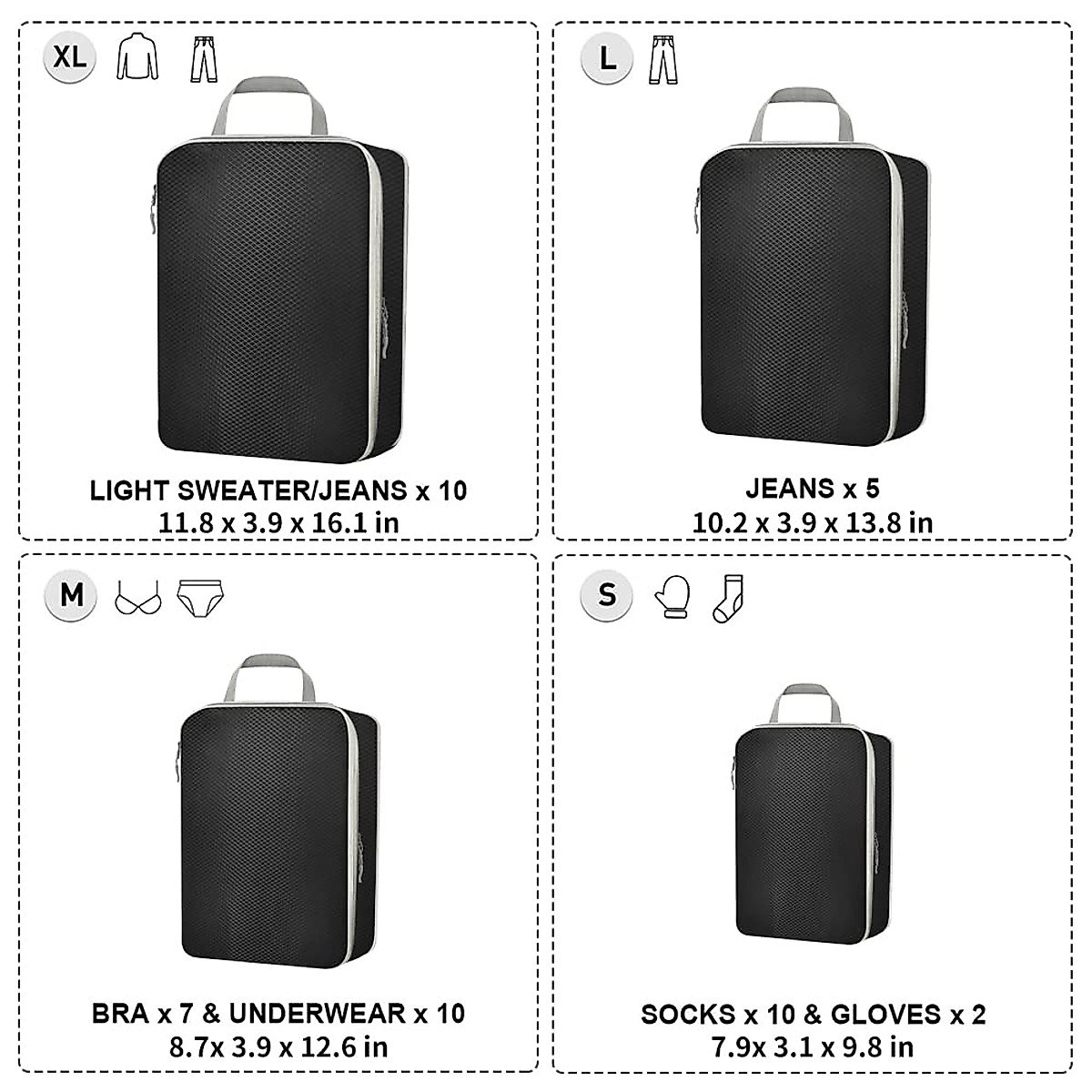 Compression Packing Cubes for Travel, 4 Pack Expandable Storage Bag Luggage Packing Organizers Compression Cubes for Suitcases Backpack (4 Set) (black)