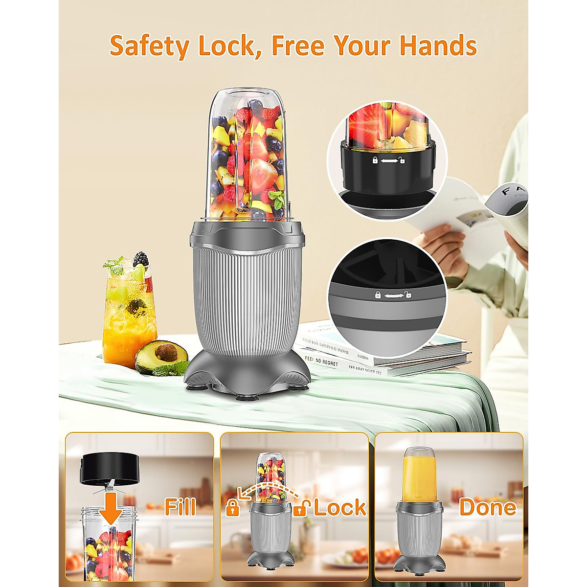 Smoothie Blender, 1000 W Upgraded Compact Personal Blender for Shakes and Smoothies, Juice, Frozen Drinks, Sauces & More, Smoothies Maker with 2 * 26 Oz To-Go Cups, 2*Spout-Lids