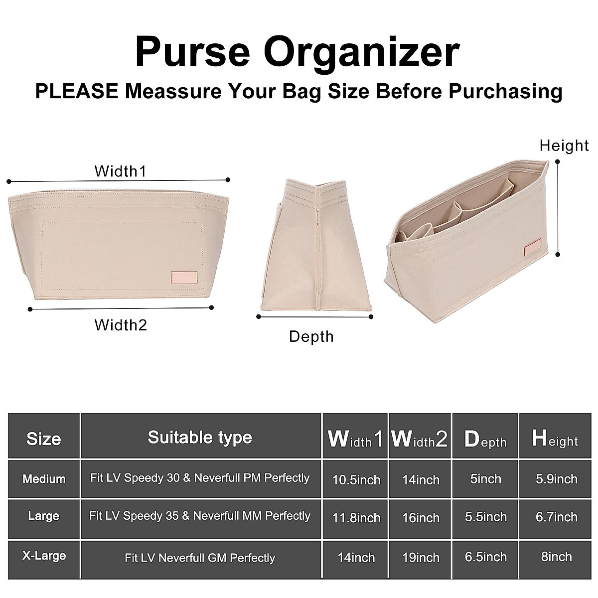 Doxo Purse Organizer Insert for Handbags & Base Shaper 2pc Set,Felt Le Pliage Large Tote,Bag Organizer with Zipper 3 Sizes,Compatible with Speedy Neverfull MM and More(Beige-L-Combination)