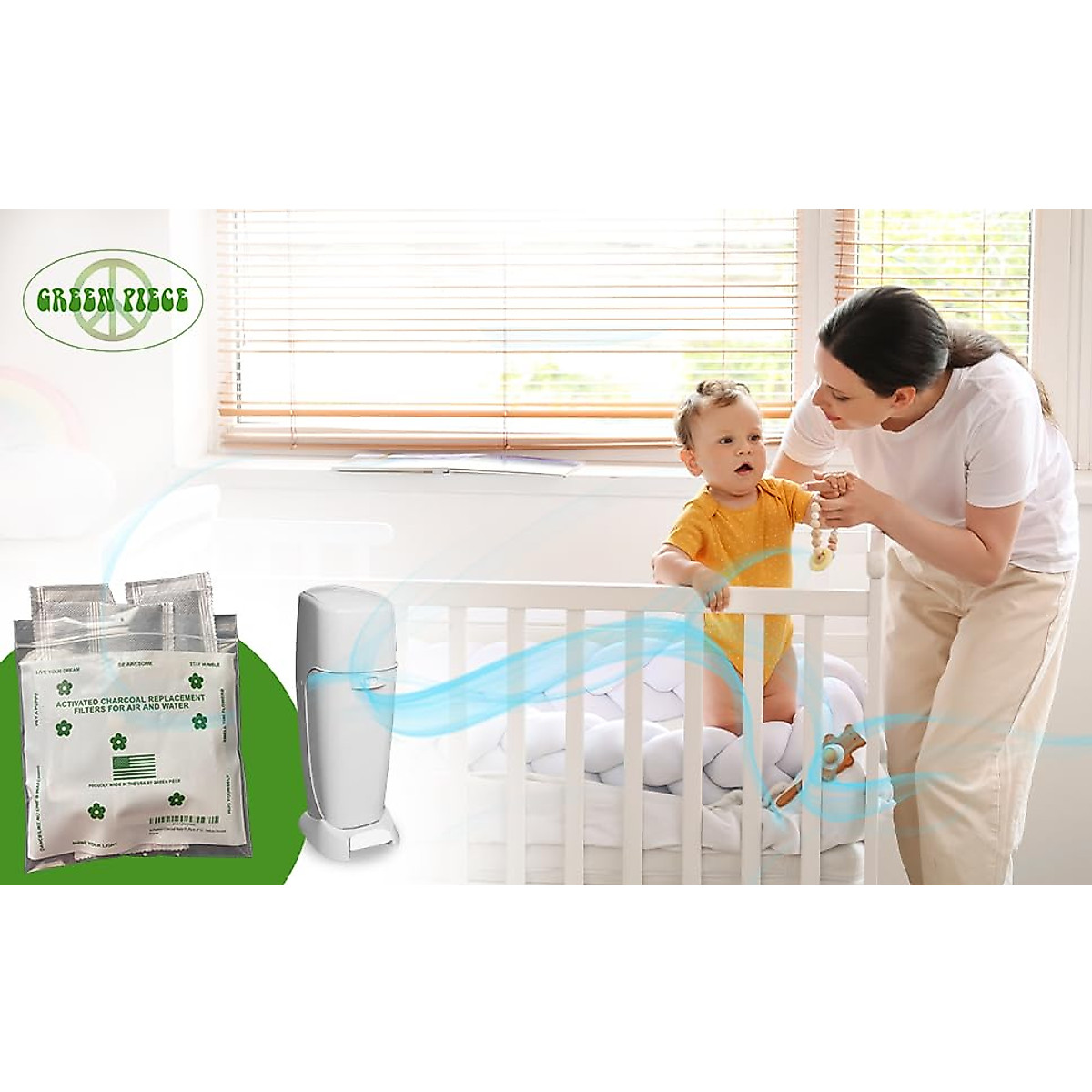 Green Piece® Pack of All Natural Baby Diaper Pail Deodorizer Activated Charcoal Air Purifier (15 Pack of Carbon Filters)