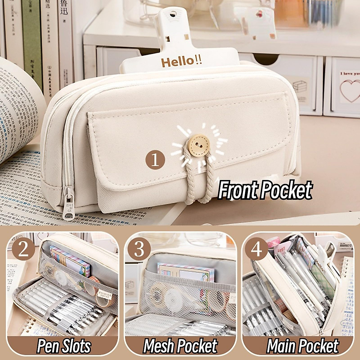 Ecqizer Large Pencil Case for Adults Aesthetic Cute Pencil Pouch With Zipper Preppy Pen Bag for SchooGirl, Travel Toiletry Cosmetic Makeup Bag Women (Cream)