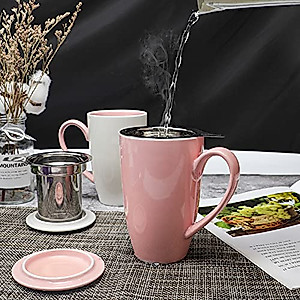 amhomel Porcelain Tea Mug with Infuser and Lid, 16 Ounce Ceramic Tea Cup for Loose Leaf, Coffee, Cocoa and Milk, Tea Gift for Tea Lovers, Set of 2(Pink and White)