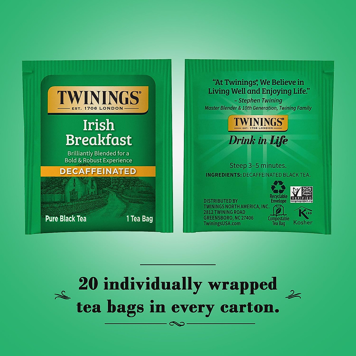 Twinings Irish Breakfast Tea, Decaf Tea Bags, Strong and Distinctive Black Decaffeinated Tea, 20 Individually Wrapped Tea Bags