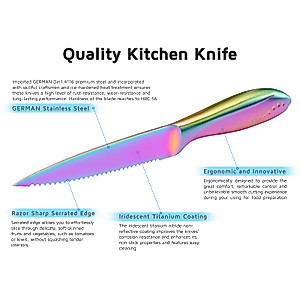 WELLSTAR Utility Knife, 4 Inch Serrated Paring Knife with Super Sharp Rainbow High Carbon Stainless Steel Blade for Fruit Vegetable Cutting Peeling Slicing