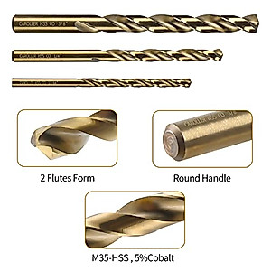 CaRoller Drill Bit Set - M35 Cobalt Drill Bit - 15 Pcs High Speed Steel Twist Jobber Length Drill Set 1/16"-3/8" for Hardened Metal, Stainless Steel, Cast Iron, Wood and Plastic with Round Shank