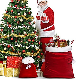 2 Pieces Christmas Velvet Bags with Drawstring in 2 Size Large Christmas Santa Gift Sack for Xmas Playing Santa Present Toy (Red, Simple Style)
