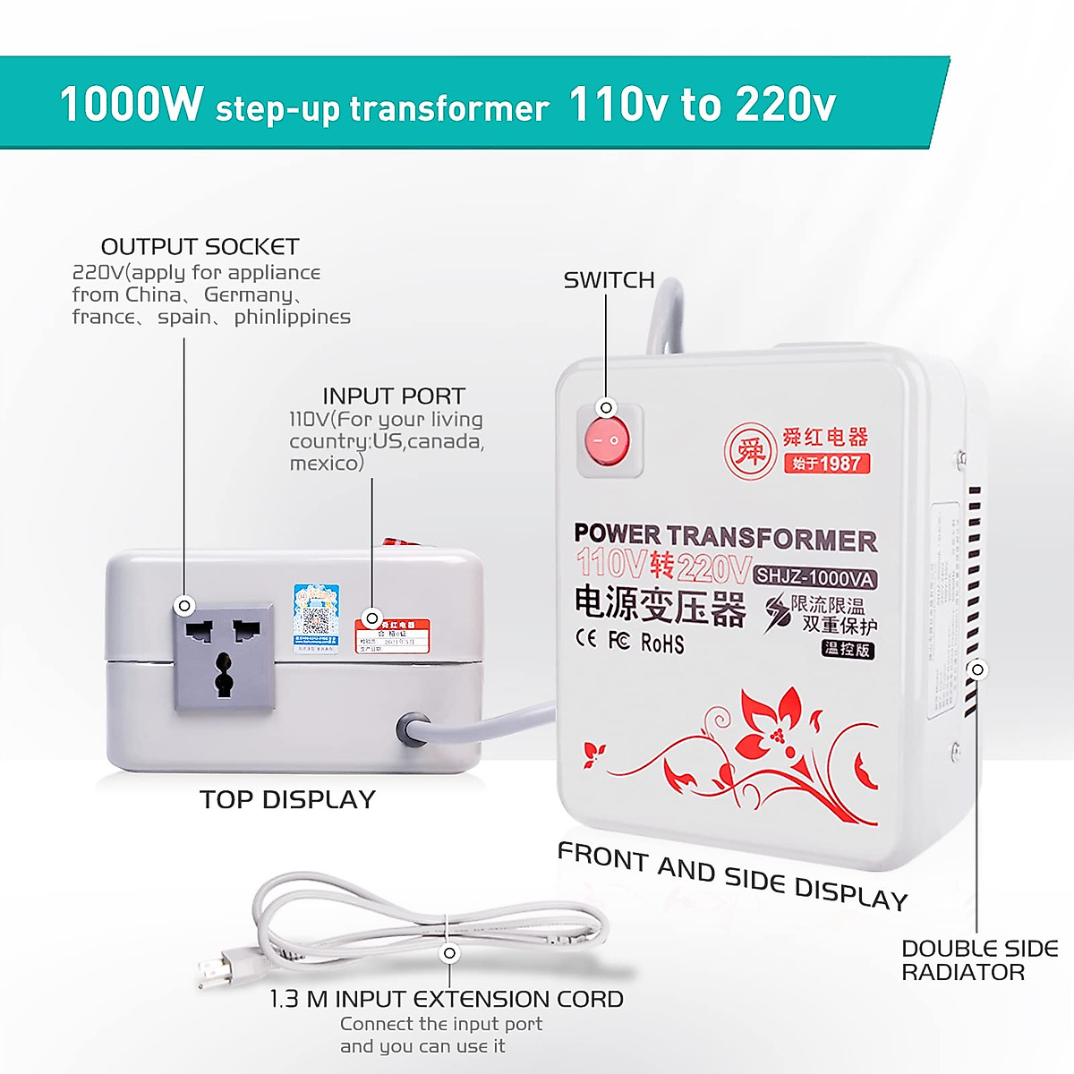 （1000W） Voltage Converter from 110V to 220V, high Performance Step-up Transformer to Support appliances Used in Europe, Asian appliances and Other Regions,CE/FCC Certification.
