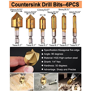 SHITIME 34 Pack Wood Working Chamfer Drilling Tools, 6 Countersink Drill Bit Set, 7 Counter Sinker Drill Bit Set, 8 Plug Cutters for Wood, 8 Drill Stop Bit Collar Set and 3 Step Drill Bits.