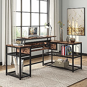 Tribesigns L Shaped Computer Desk, 63 Inch Lift Top Corner Desk with Storage Shelves, Industrial Height Adjustable Standing Desk Writing Table for Home Office, Rustic Brown