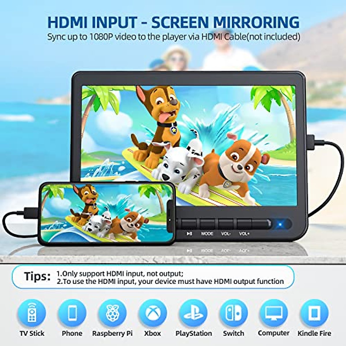 DESOBRY 10.5" Portable DVD Player for Car, Car DVD Player Dual Screen with HDMI Input, 5-Hour Rechargeable Battery, HD Transmission, Headrest DVD Player Supports USB, Last Memory (1 Player+1 Monitor)