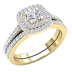 Dazzlingrock Collection Round Cubic Zirconia Double Halo Wedding Ring Set for Women (1.50 ctw, Color White, Clarity Clean) in 10K Yellow Gold, Size 7.5