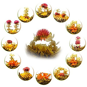 Teavivre 12pcs Handmade Blooming Flower Tea - Radom Varieties of Individually Sealed Tea Ball - Assorted Flowering Green Tea Ball - Natural Flowers Hand-tied with Green Tea