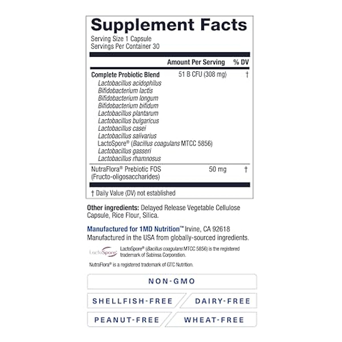 1MD Nutrition Complete Probiotics Platinum - w/Prebiotics and Probiotics for Digestive Health - Probiotic Supplement for Women & Men - More Than 50 Billion Live CFU 11 Strains Dairy-Free - 30 Caps