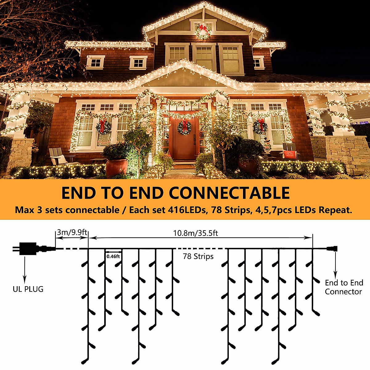 Decute Christmas Decorations Lights Outdoor 416 LEDs 35.5FT 78 Drops, Waterproof 8 Modes Curtain Lights Fairy String Light for Christmas Decor Holiday Wedding Eaves Window Party Yard Garden Warm White