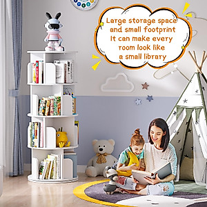 Besiost Rotating Bookshelf, Wood Corner Bookshelf, 360 Display Spinning Bookcase Storage Rack, 4 Tier Floor Standing Revolving Bookcase Narrow Book Shelf Organizer for Small Space, Bedroom, White