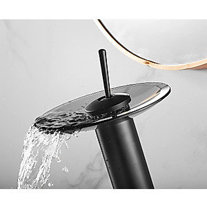 Waterfall Black Bathroom Vessel Faucet Glass Spout 360° Swivel Single Handle One Hole Solid Brass Bowl Faucet Bath Lavatory Vessel Sink Vanity Faucet Tall Body for Above Counter Sink