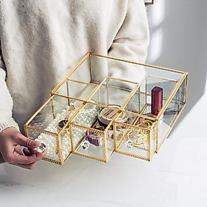 Antique Beauty Display Jewelry Case Holder Clear Glass 3 Drawers Palette Organizer, Cosmetic Storage, Makeup Container 3 Cube Holder/Beauty Dresser Vanity Cabinet Decorative Keepsake Box