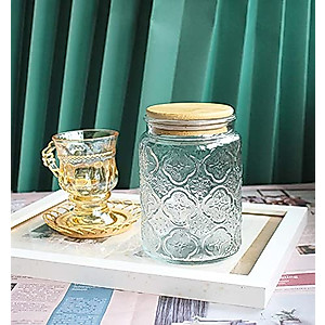 Livejun Vintage Glass Jar Canister Storage Jar with Seal Wooden Lid Retro Design for Kitchen Counter, Pantry, Tea, Sugar, Coffee Tea Beans,Flour 23.5 oz Set of 2 (Plum blossom)