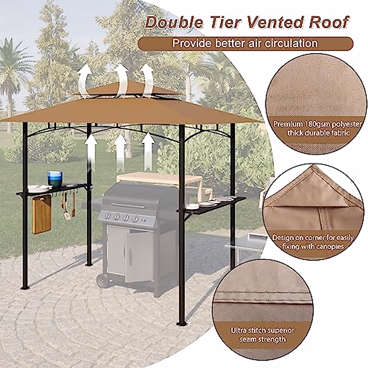 8 x 5 FT Grill Gazebo BBQ Patio Shelter Canopy Easy Set-up Grill Tent with Air Vent Double Tiered Barbecue Canopy Tent BBQ Gazebo Outdoor Canopy for Patio Garden Beach Backyard