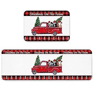 ArneCase Kitchen Mat Set of 2 Ultra Soft Felt Rugs,Christmas on The Farm A Red Truck Carrying Cows and Pine Trees Anti Fatigue Kitchen Rugs Memory Foam Carpets for Home,Sink,Laundry