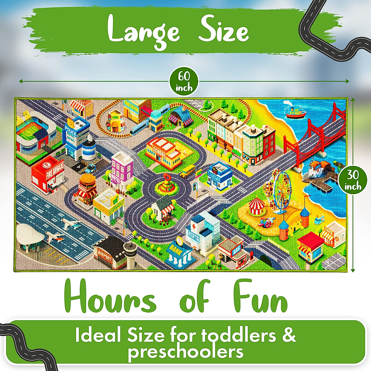 Kids Carpet Playmat City Life 3D Playroom Rug | 30 x 60 Inch Extra Large Toddler Activity Mat for Race Cars &amp; Toys | Playroom Rug Makes a Fun Educational Gift Idea for Boys &amp; Girls