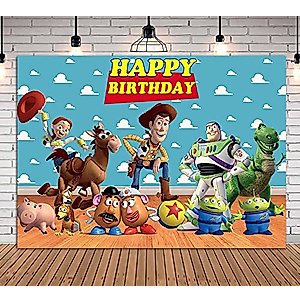 Toy Story Birthday Party Photography Backdrops Blue Sky White Clouds Banner Kids Birthday Party Photo Background Cake Table Decoration Supplies Studio Booth Props 8x6FT