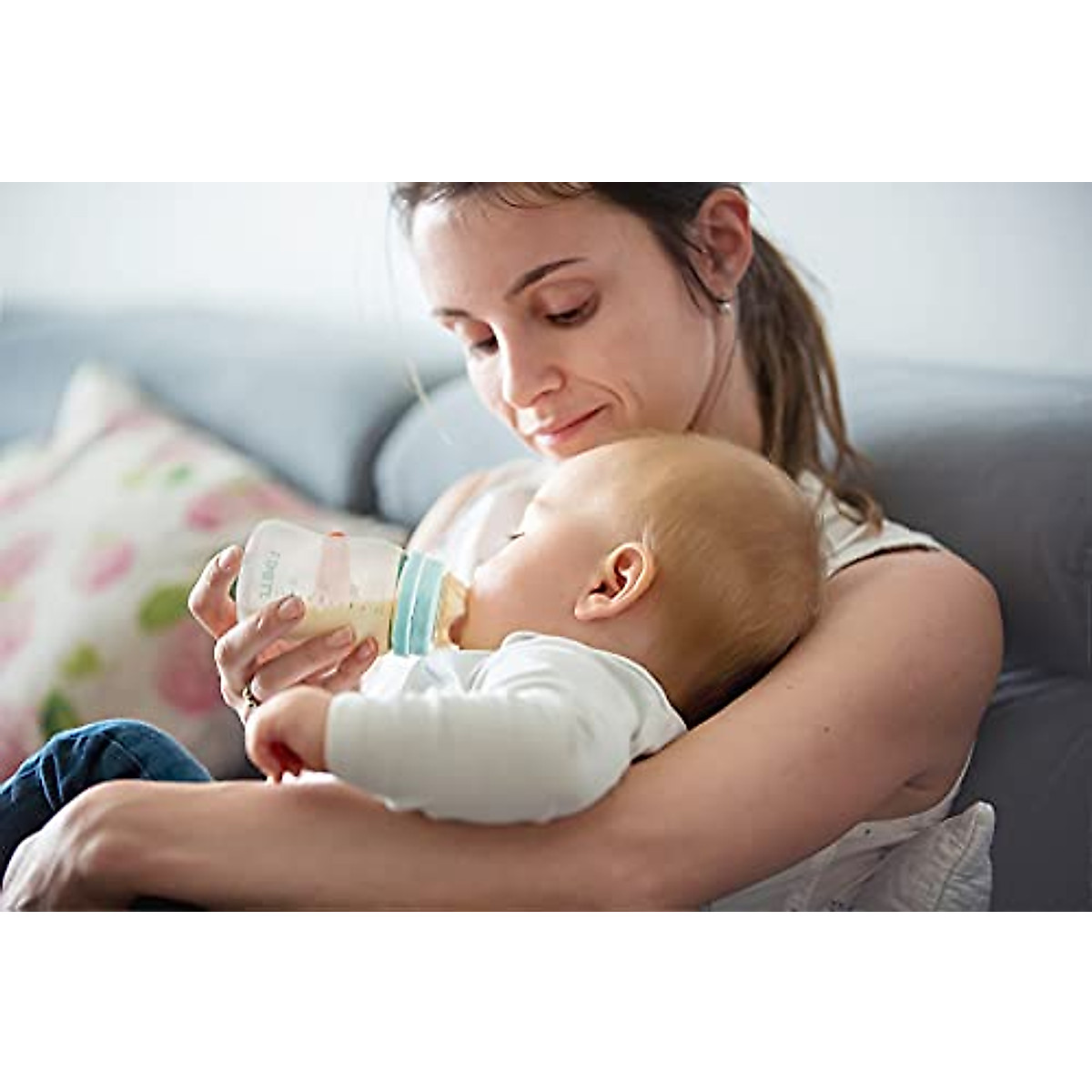 Baby Bottle Glass Wide Neck, Closer to Breastfeeding, Slow Flow Nipple, Anti-Colic, 4 Ounce, 2 Count (Blue)