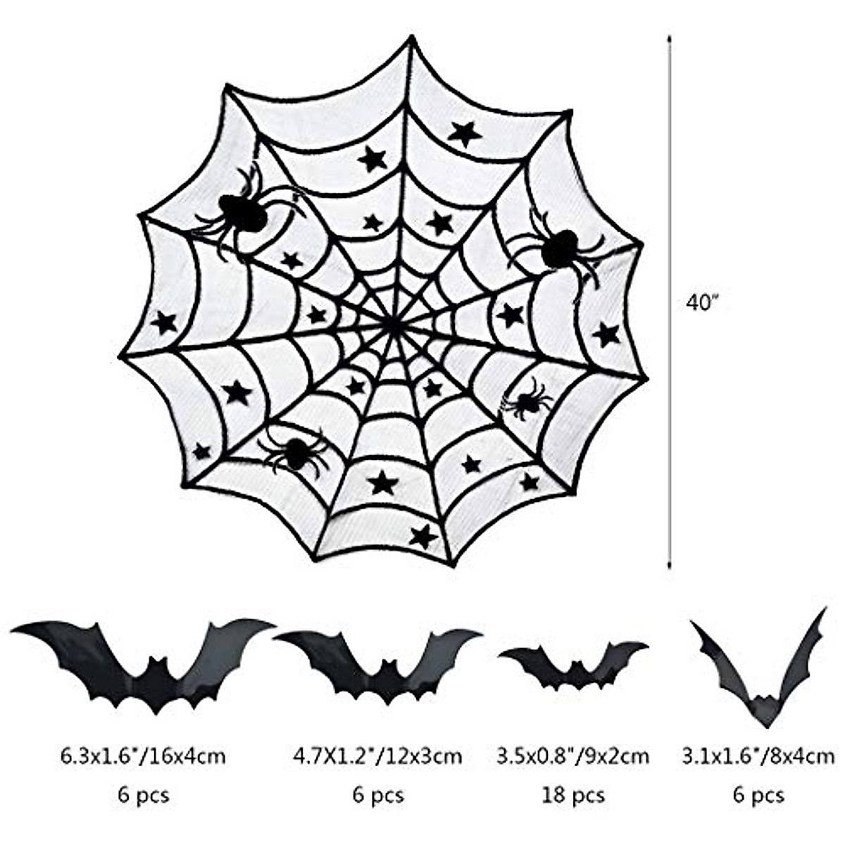 5pack Halloween Decorations Tablecloth Runner Black Lace Round Spider Cobweb Table Cover Fireplace Mantel Scarf Spiderweb Fireplace Scarf Spider Lampshade with 36pcs Scary 3D Bat for Halloween Party