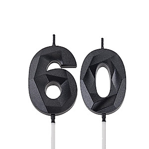 2 inch Black 60 Birthday Candles, 3D Diamond Number 60 Cake Topper for Men Women Birthday Party Decorations Theme Party