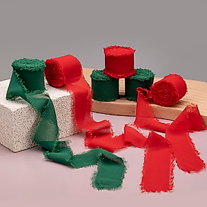 Chiffon Ribbon, 3 Rolls 21 Yards Red Handmade Fringe Chiffon Silk Ribbon 1.5" x 7Yd Ribbons Set for Wedding Invitations,Christmas, Bridal Bouquets, Gifts Wrapping, DIY Crafts