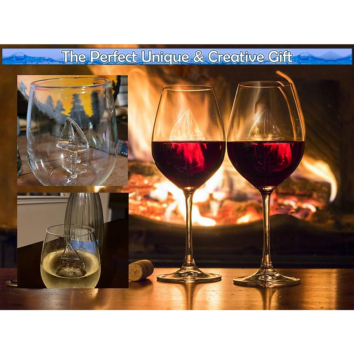 Sailing Wine Glasses Sail boat for Wine - Italian Cabernet Red Wine Glass With 3D Sailboat Inside - Creative Crystal Clear Cup Wine Glass Goblet Flute Lead-free - Perfect for Homes, Bars, Party (2pc)