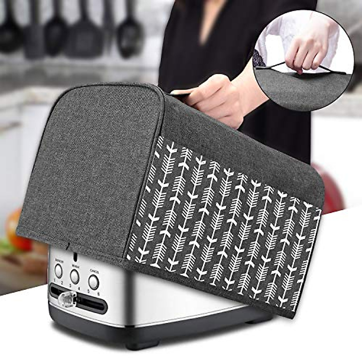 Yarwo 2 Slice Toaster Cover with Pockets and Top Handle, Nylon Toaster Cover Fits for Most Standard 2 slice Toasters, Gray with Arrow