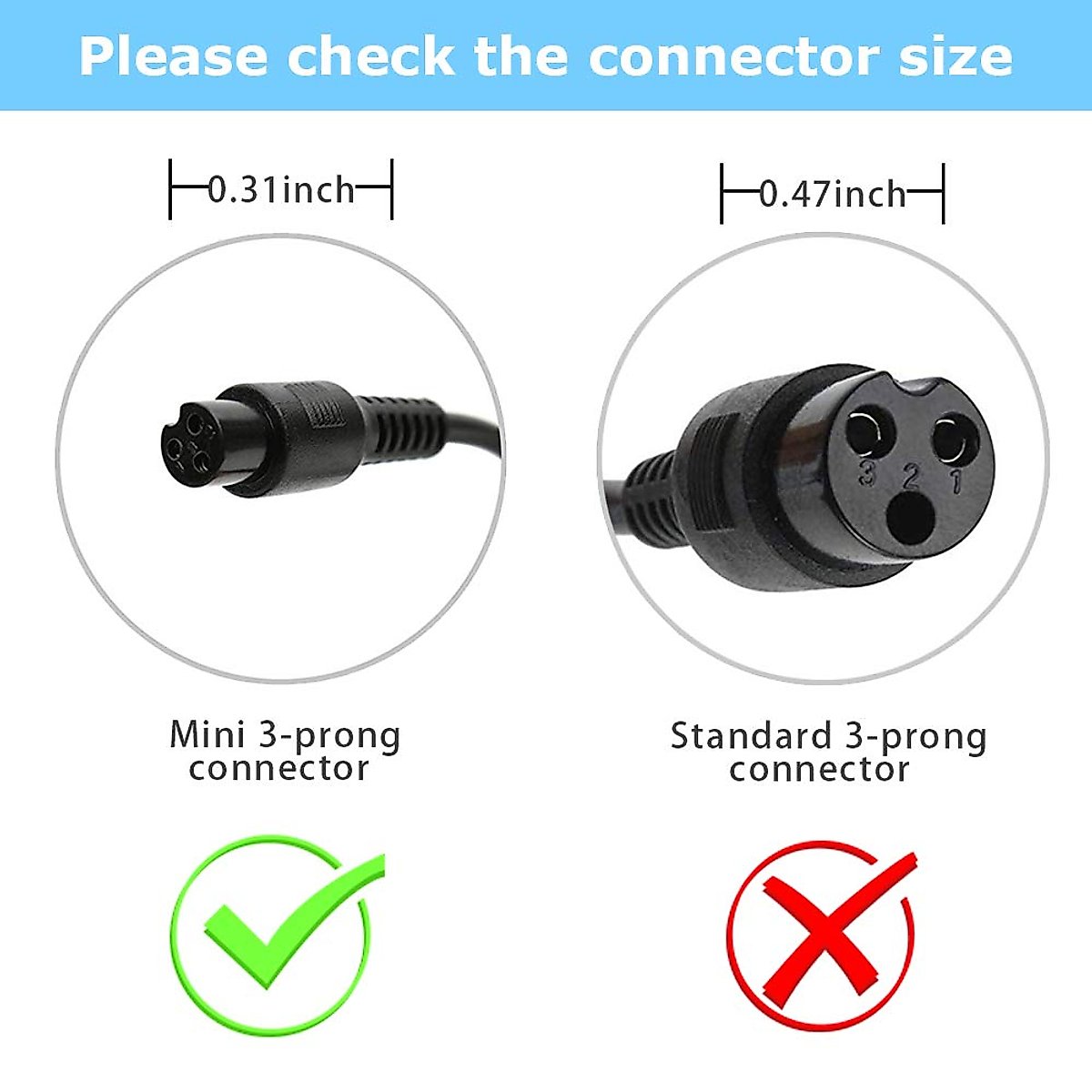 EVAPLUS 42V 2A Power Adapter, PowerFast 3-Prong Inline Connector for 36V Pocket Mod, Sports Mod Lithium Battery