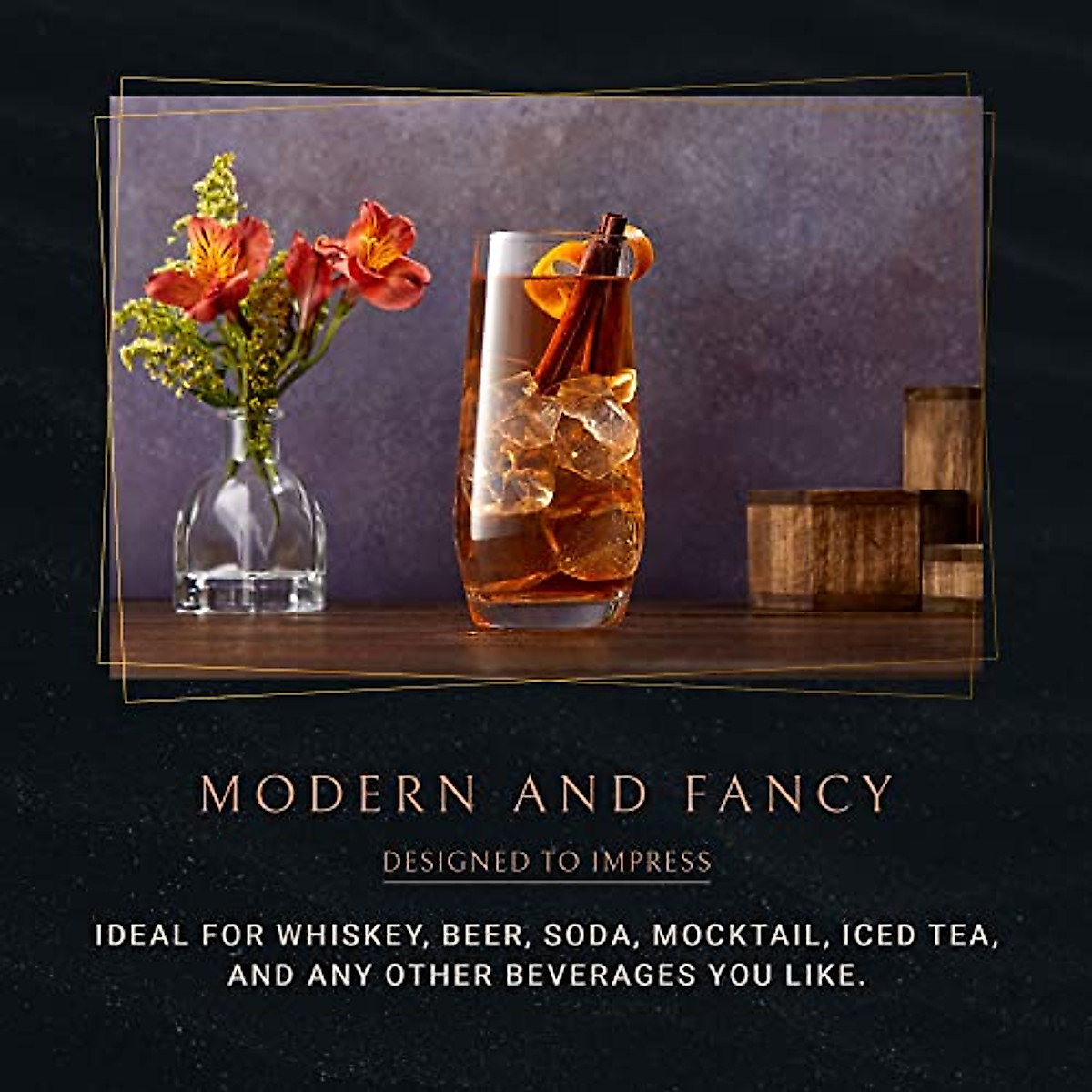 JoyJolt Gwen 18oz Highball Glasses, 4pc Tall Glass Sets. Lead-Free Crystal Glass Drinking Glasses. Water Glasses, Mojito Glass Cups, Tom Collins Bar Glassware, and Mixed Drink Cocktail Glass Set