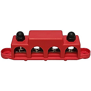 (Red) 3/8" 4 Stud Power Distribution Block -BUSBAR- with Cover - Made in The USA
